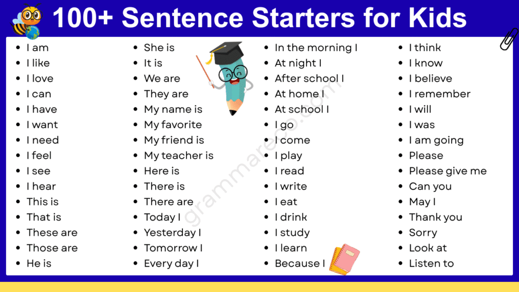 100+ Simple Sentence Starters in English for Kids with Pictures ...