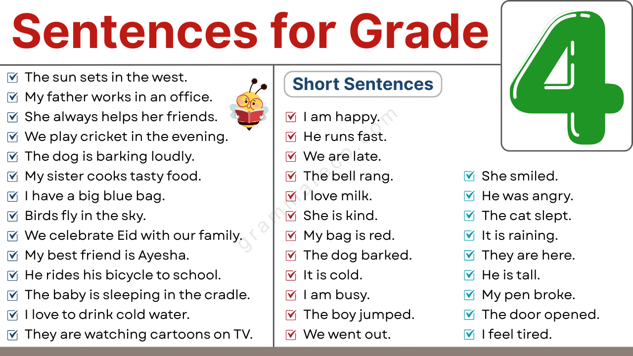 200+ Basic Sentences for Grade 4 Easy to Read with Pictures ...