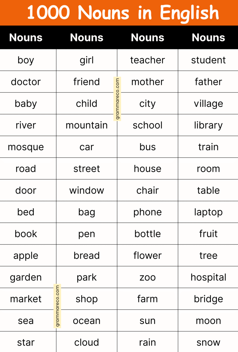 Nouns List A to Z: 500+ Common Nouns Examples in English | Grammareco.com
