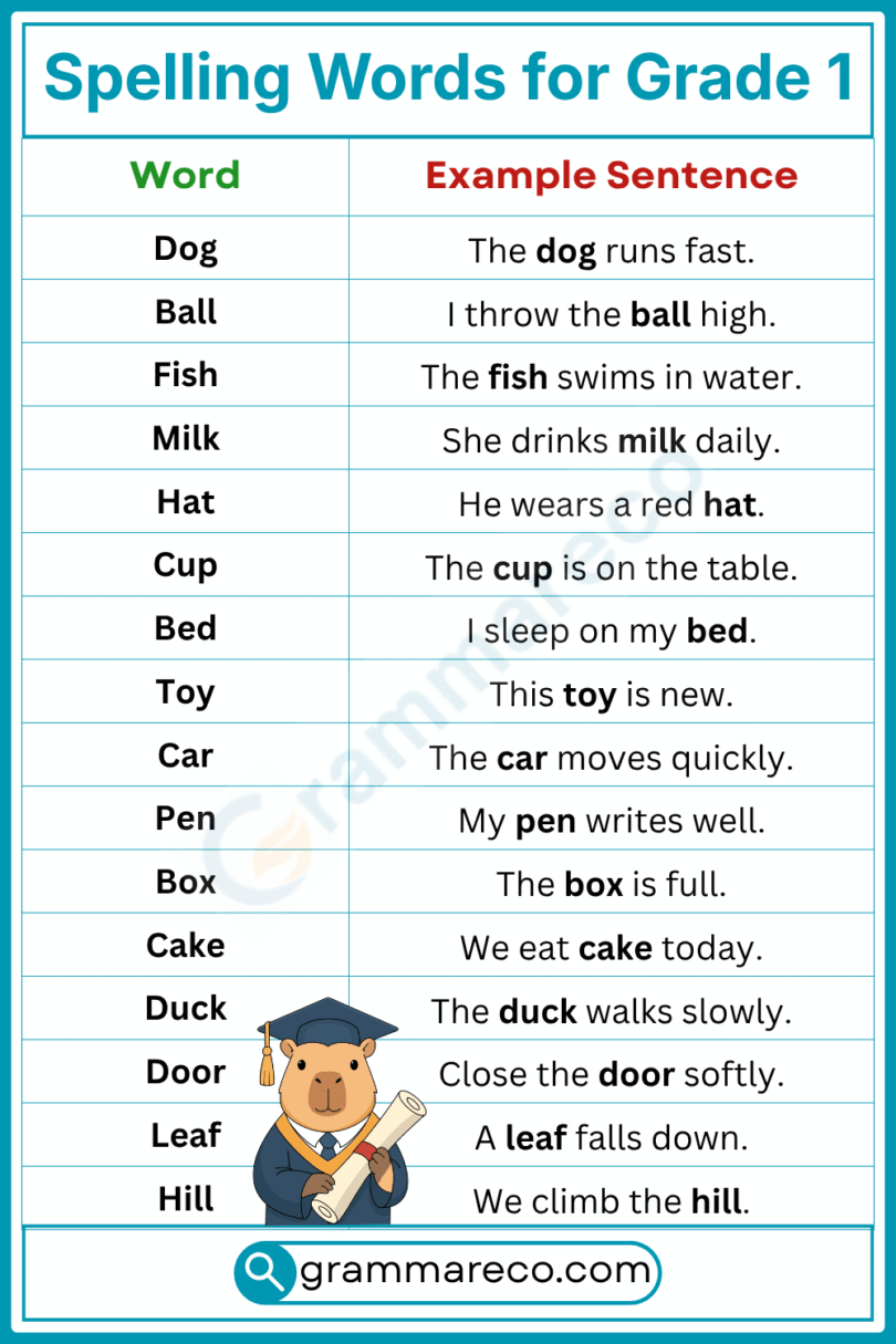 Spelling Words for Grade 1: 150 Vocabulary Words with Examples ...