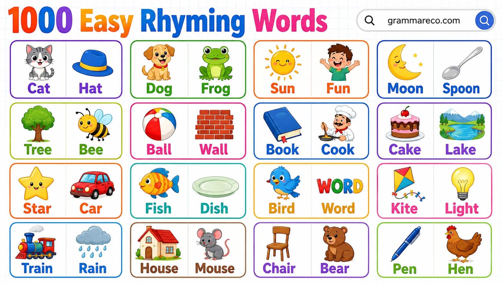 1000 Easy Rhyming Words with Examples in English with PDF | Grammareco.com